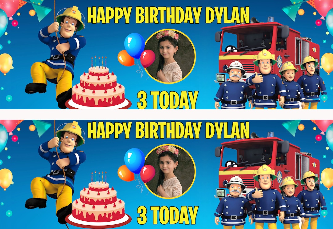 Personalised Fireman Sam Birthday Banner X2 Photo Firefighter Firemen ...