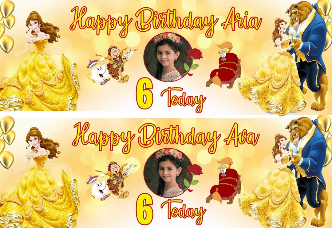 Personalised Belle Birthday Banner X2 Photo Beauty and Beast Princess ...