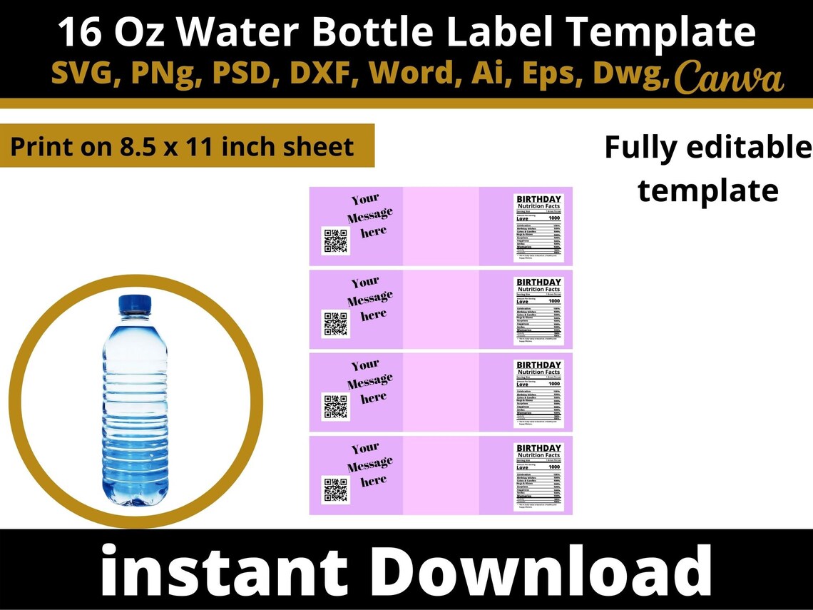 Water Bottle Label Template Editable Water Bottle Wrapper - Etsy