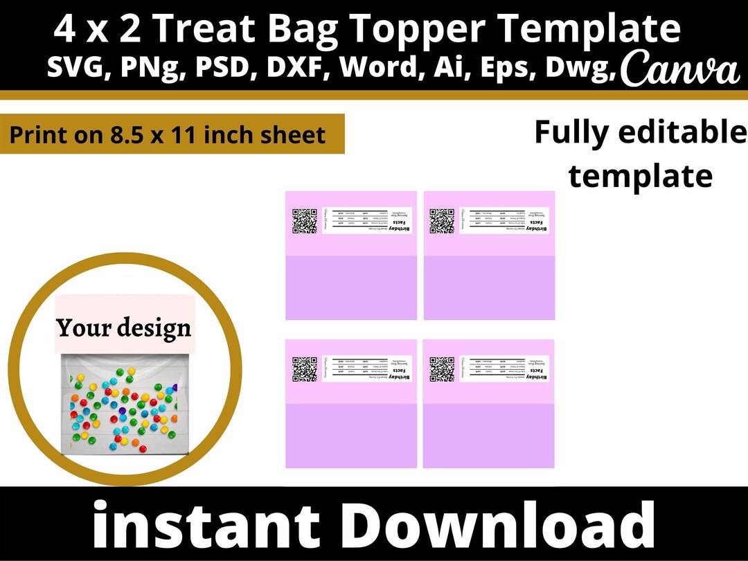4x2 Treat Bag Topper Template: Editable Loot Bag Label (digital ...