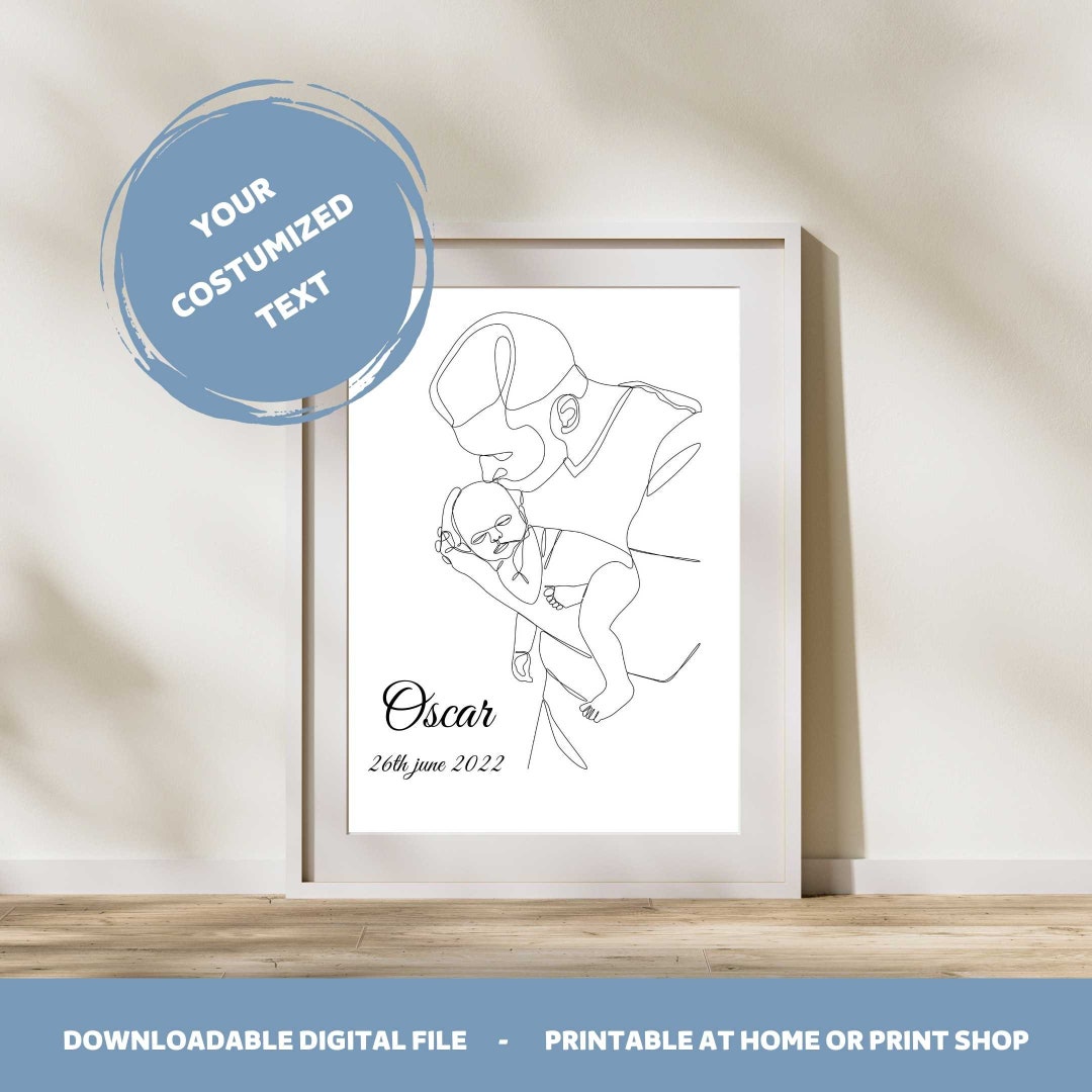 Dad and Baby Line Art Birth Poster, Personalized Newborn Baby Poster ...
