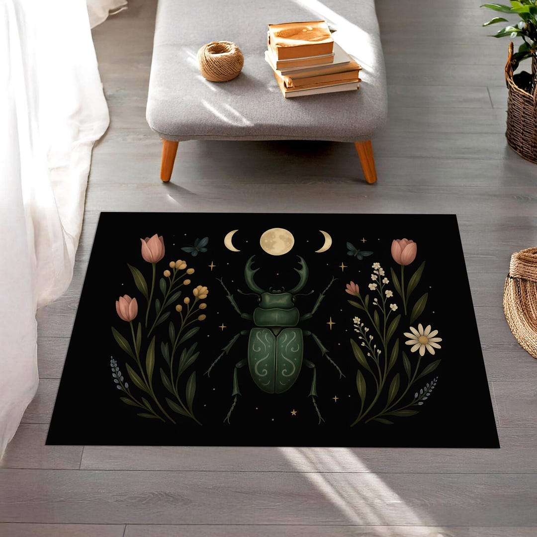 Mystical Beetle Rug, Boho Insect and Moon Phase Carpet, Floral Nature ...