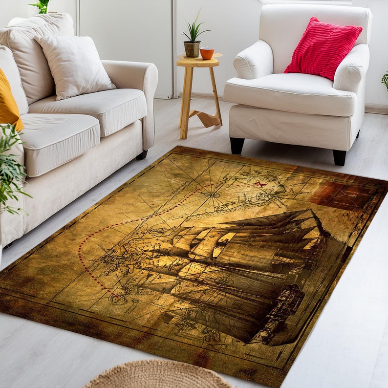 Old Pirates Rug, Map Rug, Ship Design Rug, Pirate Rug, Washable Rug ...