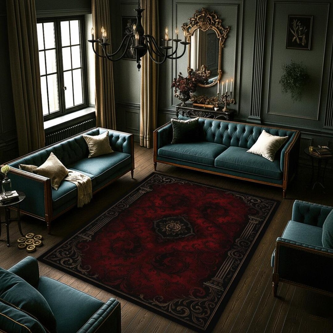 Crimson Palace Rug – Deep Red Baroque Carpet With Ornate Frame and ...
