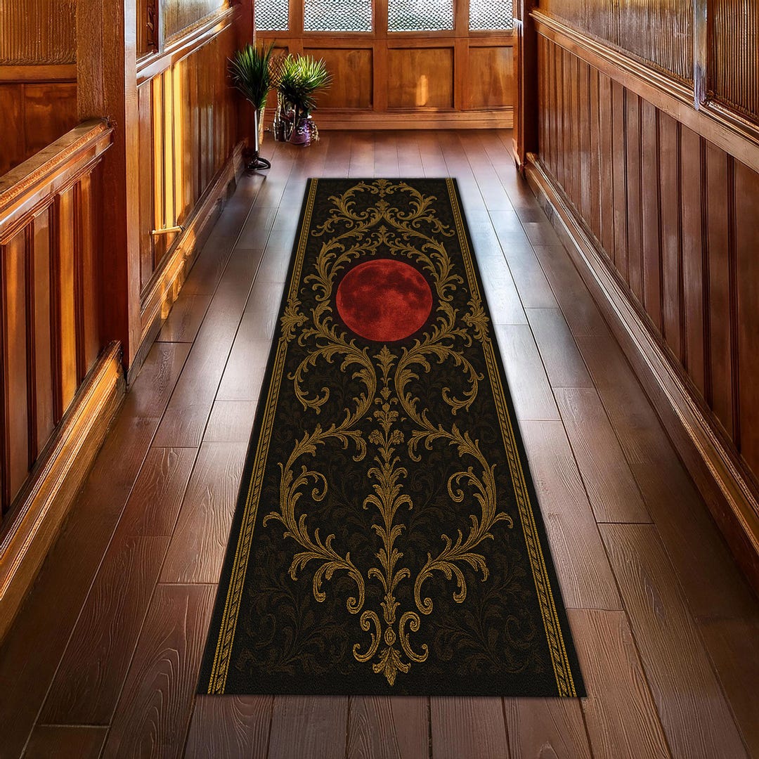 Blood Moon Gothic Runner Rug, Red Gold Baroque Carpet, Dark Occult ...