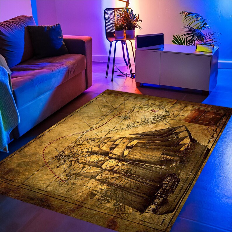 Old Pirates Rug, Map Rug, Ship Design Rug, Pirate Rug, Washable Rug ...