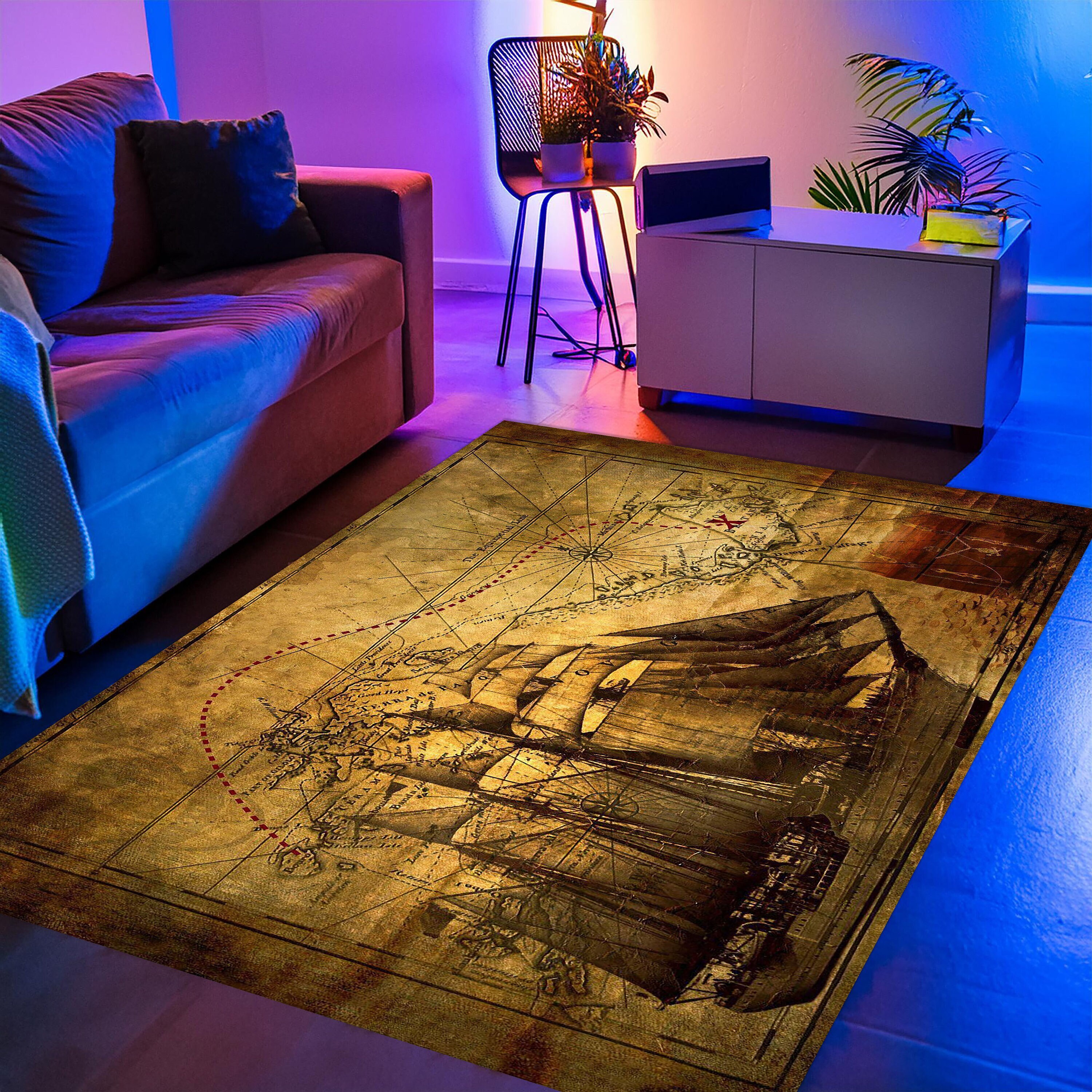 Old Pirates Rug, Map Rug, Ship Design Rug, Pirate Rug, Washable Rug ...