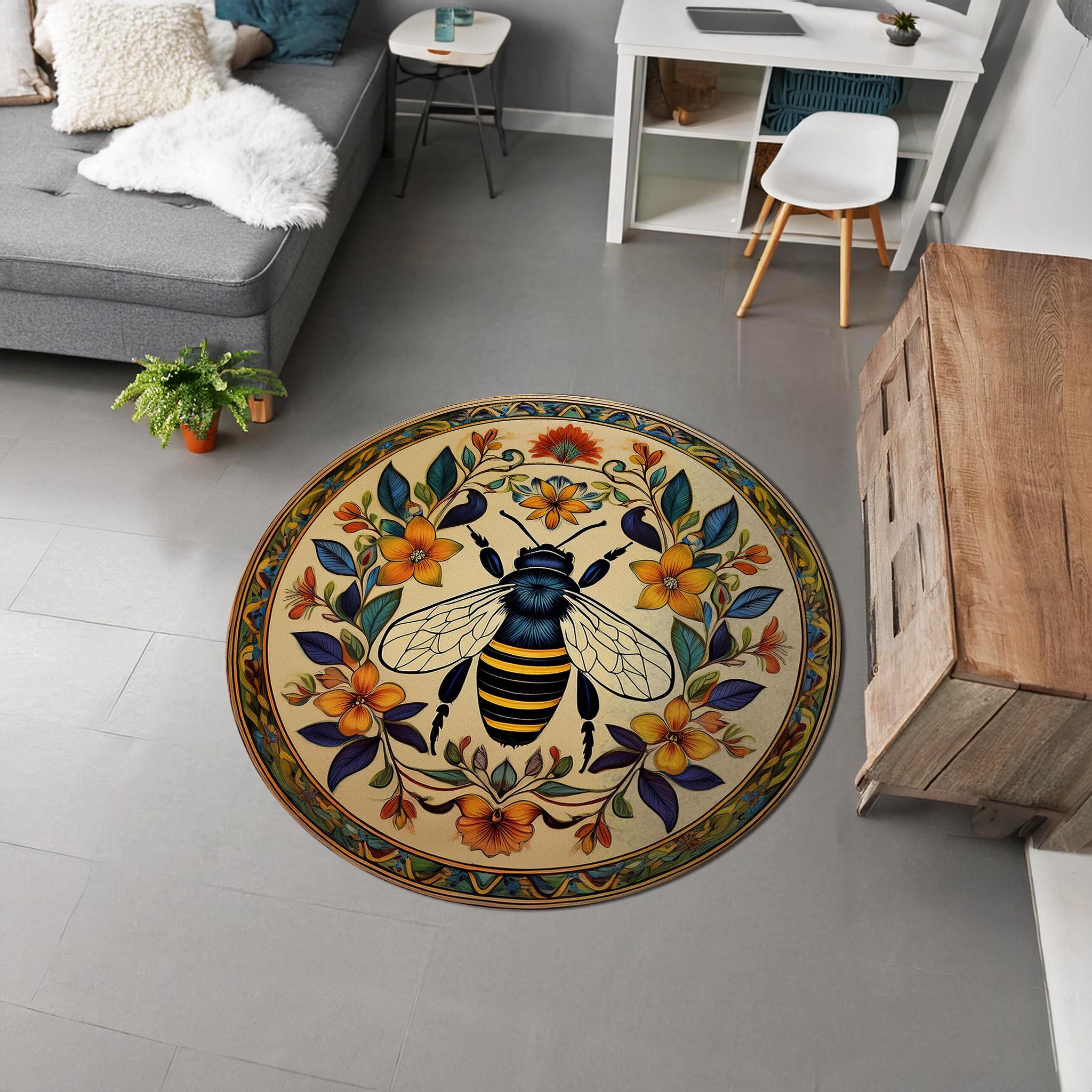 Floral Bee Rug, Honey Bee Rug, Bee Themed Round Rug, Boho Rug ...