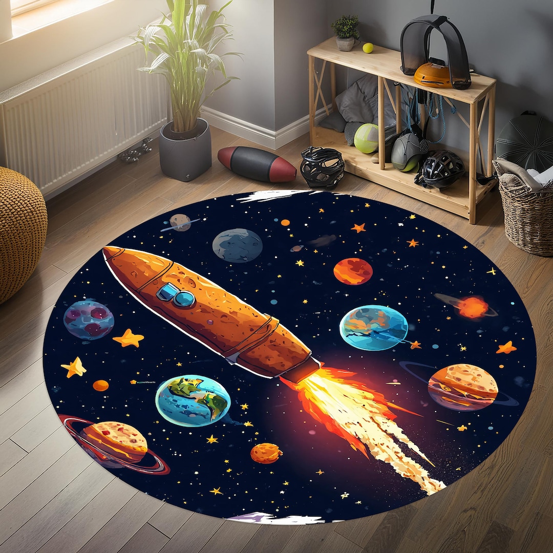 Rocket Round Rug, Space Rug, Educational Rug, Galaxy Carpet, Washable ...