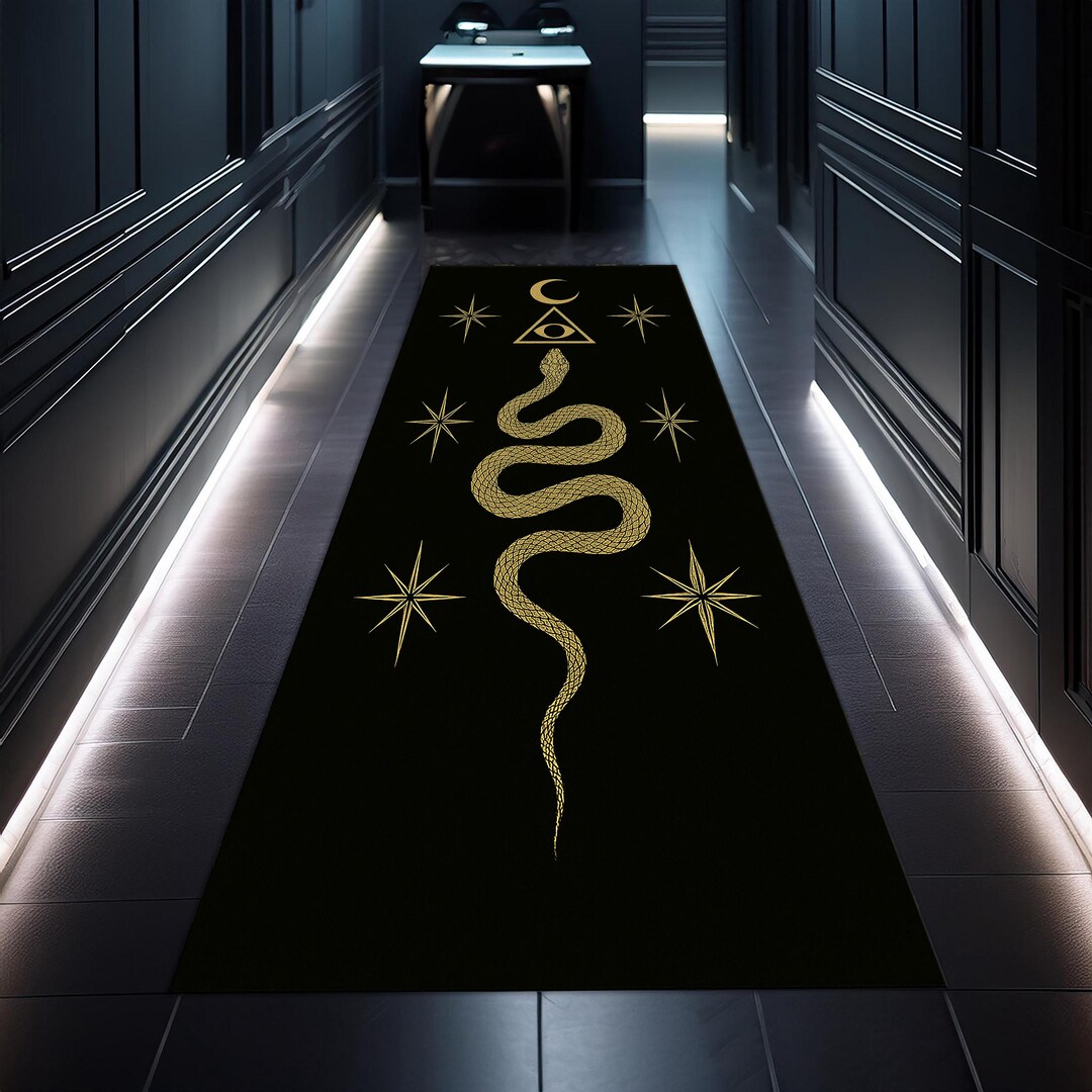 Mystical Gold Snake Runner Rug – Black With Stars and Crescent Moon ...