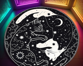 Cat Round Rug, Moon Cat Rugs, Animal Rug, Boho Rug, Round Rug ...