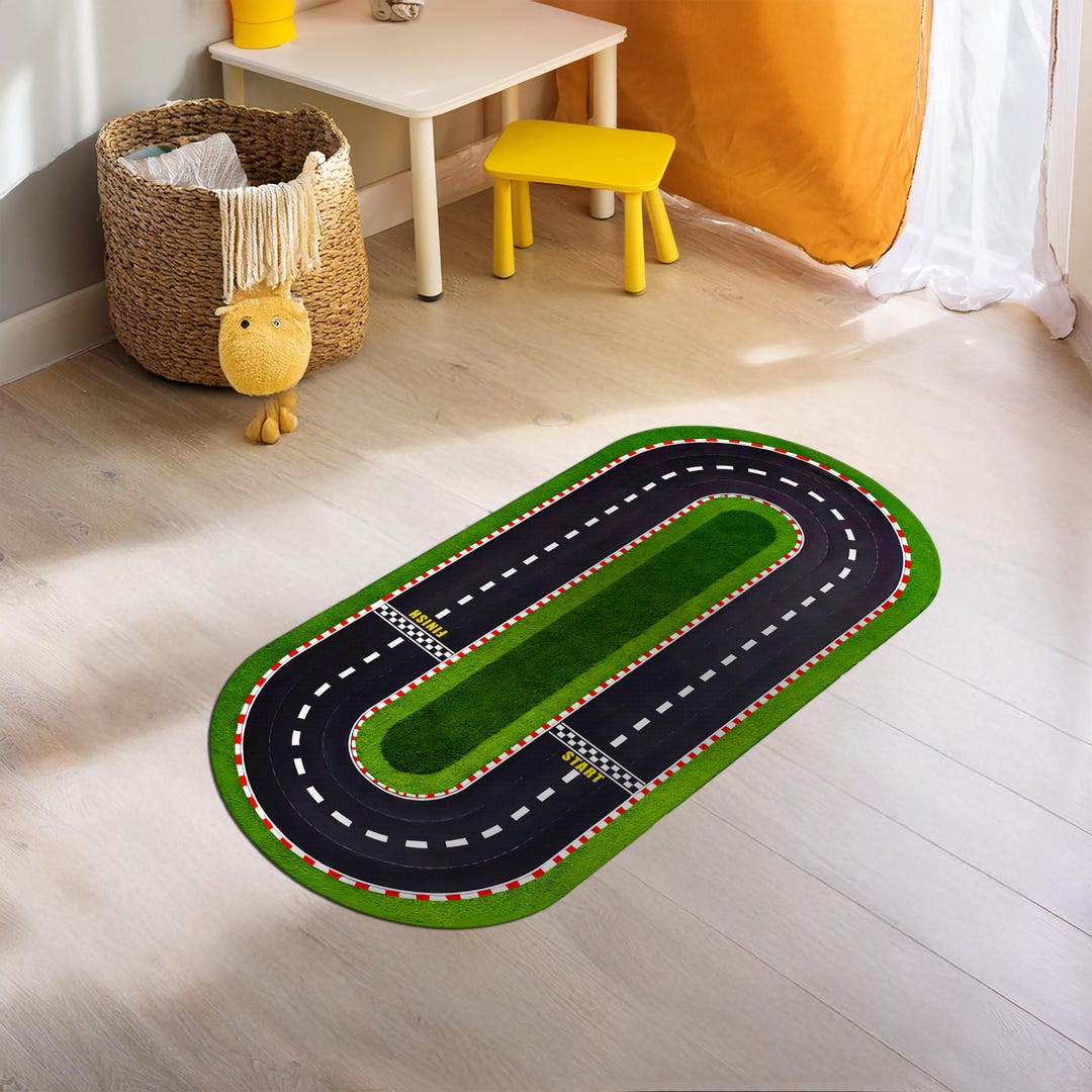 Oval Kids Race Track,kids Car Play Mat, Green Race Track Rug,start Line ...