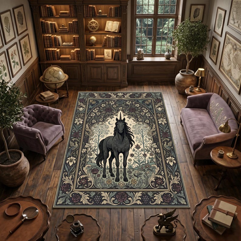 Black Unicorn Rug, Gothic Fantasy Area Rug, Dark Academia Decor ...
