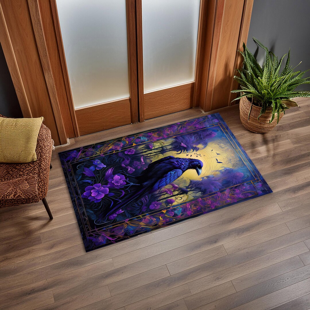 Purple Raven Rug for Gothic Room Decor, Crow in Flowers Rug, Dark ...