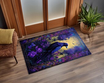 Raven Rug for Goth Room Decor, Vintage Look Crow in Flowers Rug, Dark ...