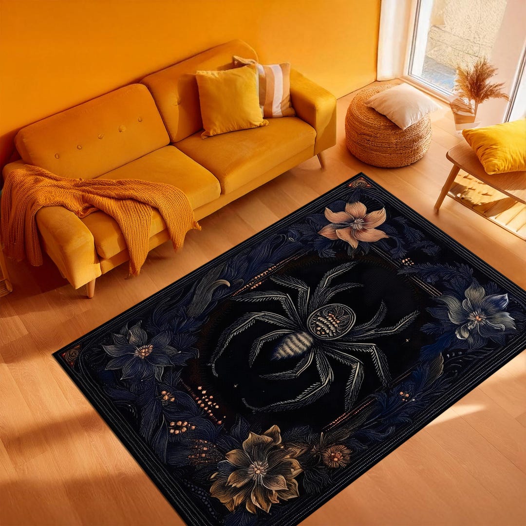 Black Spider Rug for Gothic Room Decor, Floral Tarantula Rug, Botanical ...