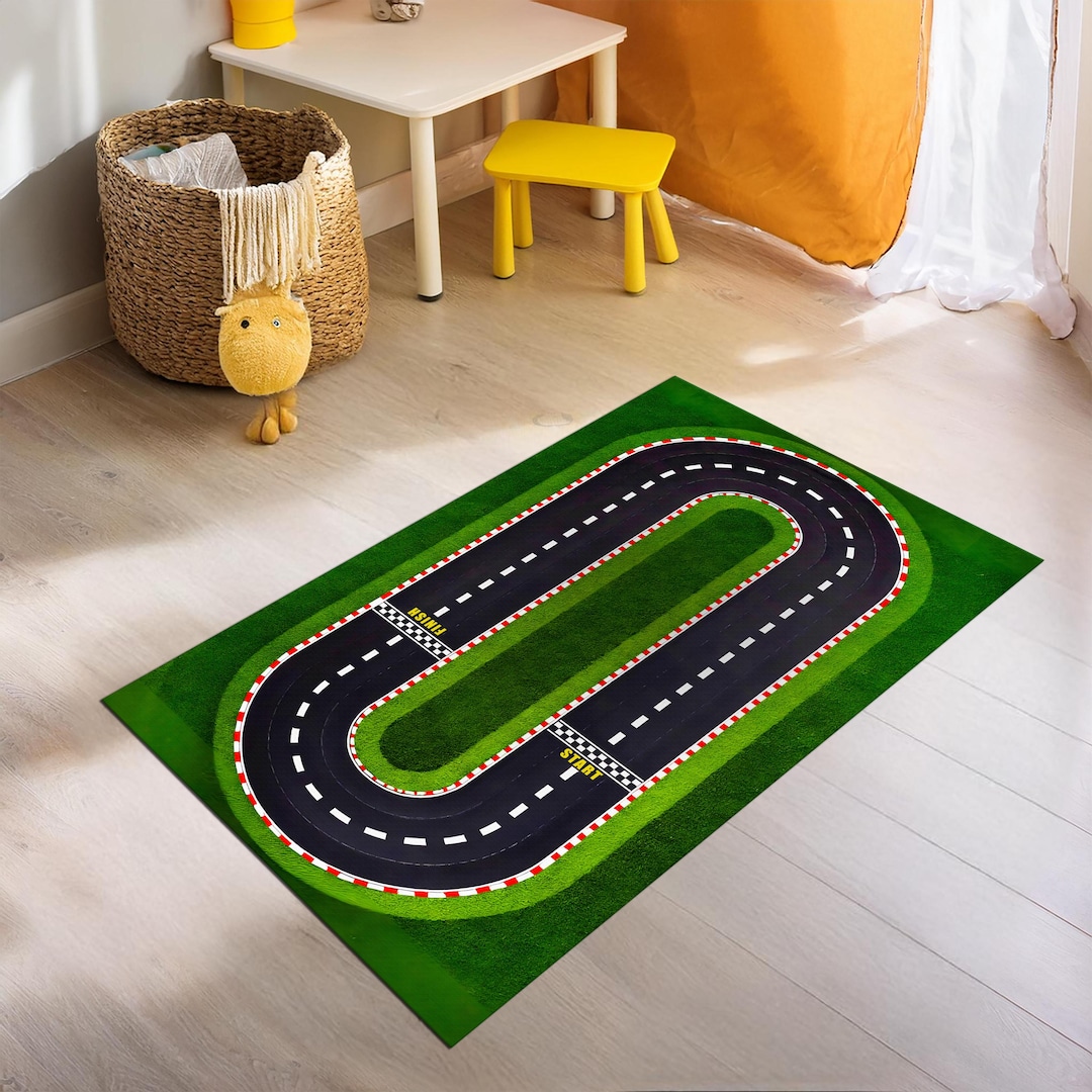 Kids Race Track,kids Car Play Mat, Green Race Track Rug,start Line ...