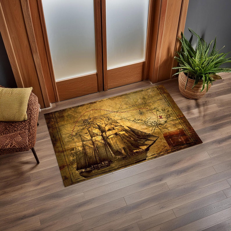 Old Pirates Rug, Map Rug, Ship Design Rug, Pirate Rug, Washable Rug ...