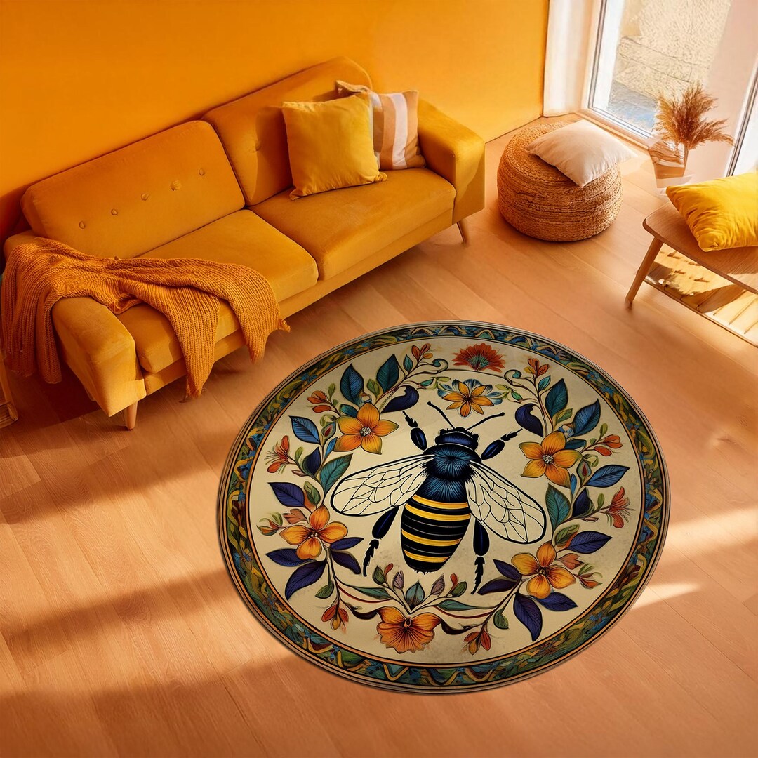 Floral Bee Rug, Honey Bee Rug, Bee Themed Round Rug, Boho Rug ...