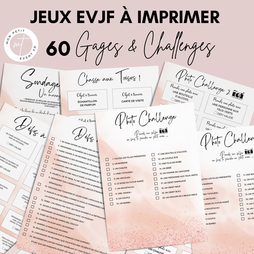 Jeux EVJF à imprimer 60 Gages, Défis & Challenges pour un enterrement ...