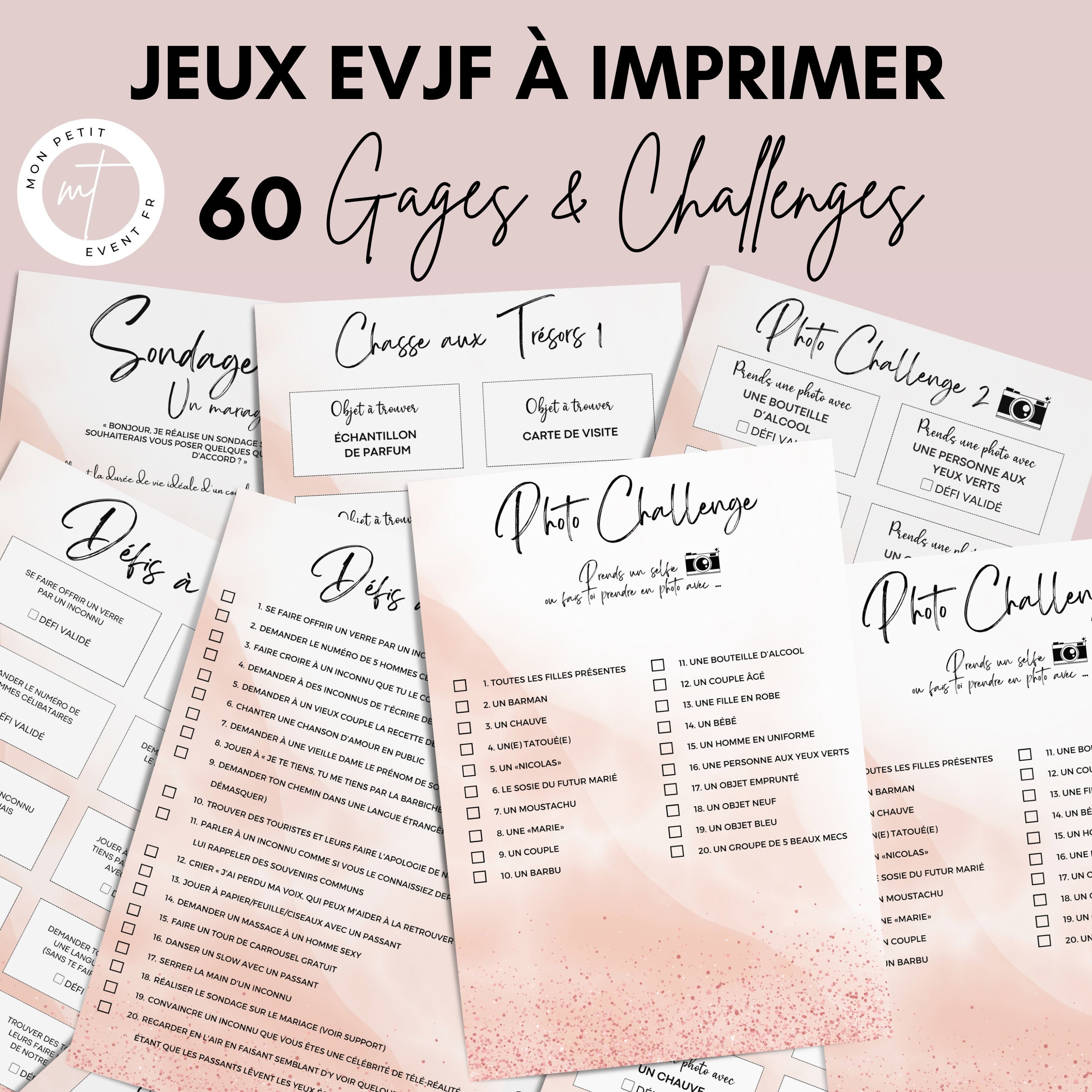 Jeux EVJF à imprimer 60 Gages, Défis & Challenges pour un enterrement ...