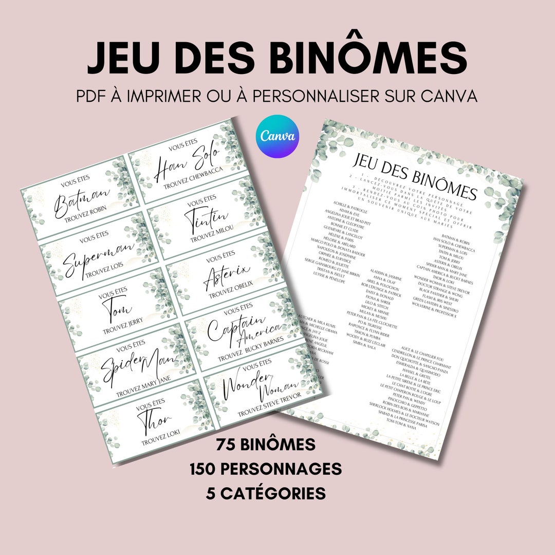 Jeu des binômes à imprimer Carte jeu des binômes PDF Jeu des duos célèbres Jeu des binômes ...