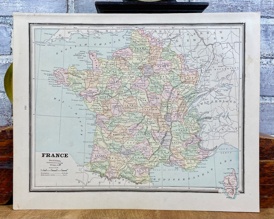 1887 France Map! Europe & Switzerland! Framable Original Lithograph Map ...