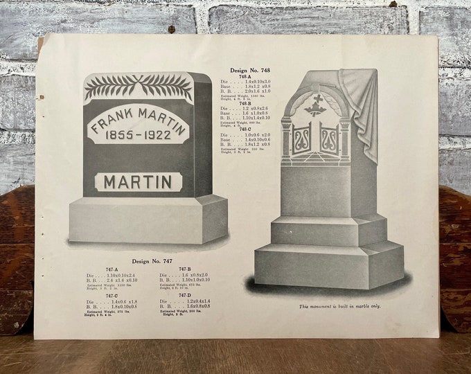 Headstone Advertising Catalog Sheet! Framable Gravestone Ephemera ...