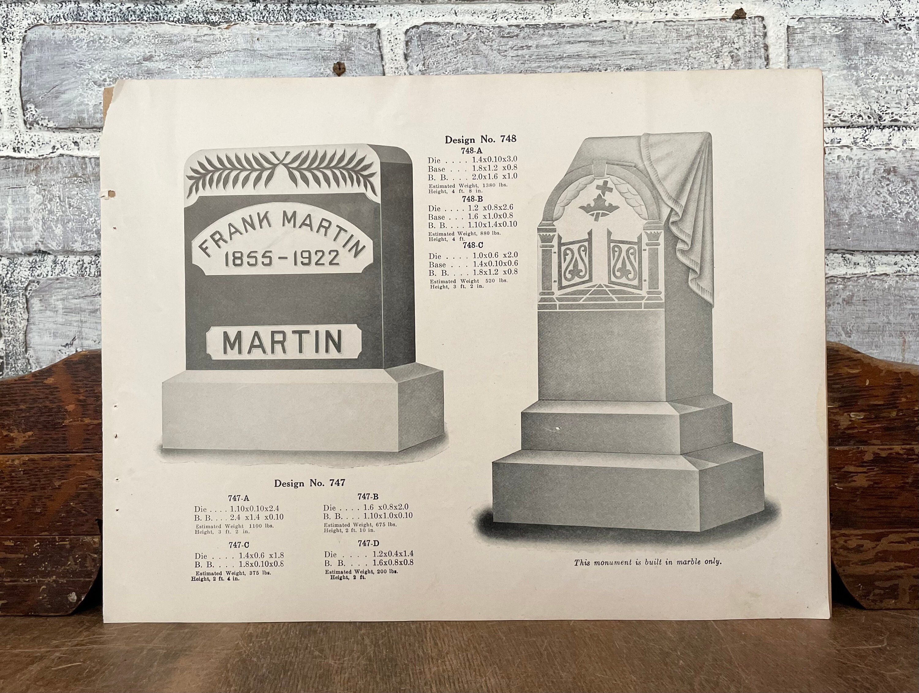 Headstone Advertising Catalog Sheet Framable Gravestone Ephemera ...