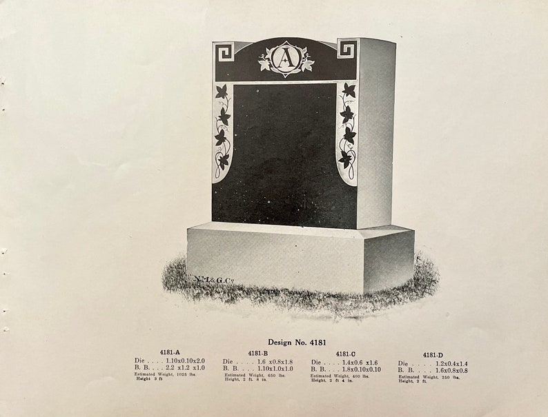 Headstone Advertising Catalog Sheet Framable Gravestone Ephemera ...