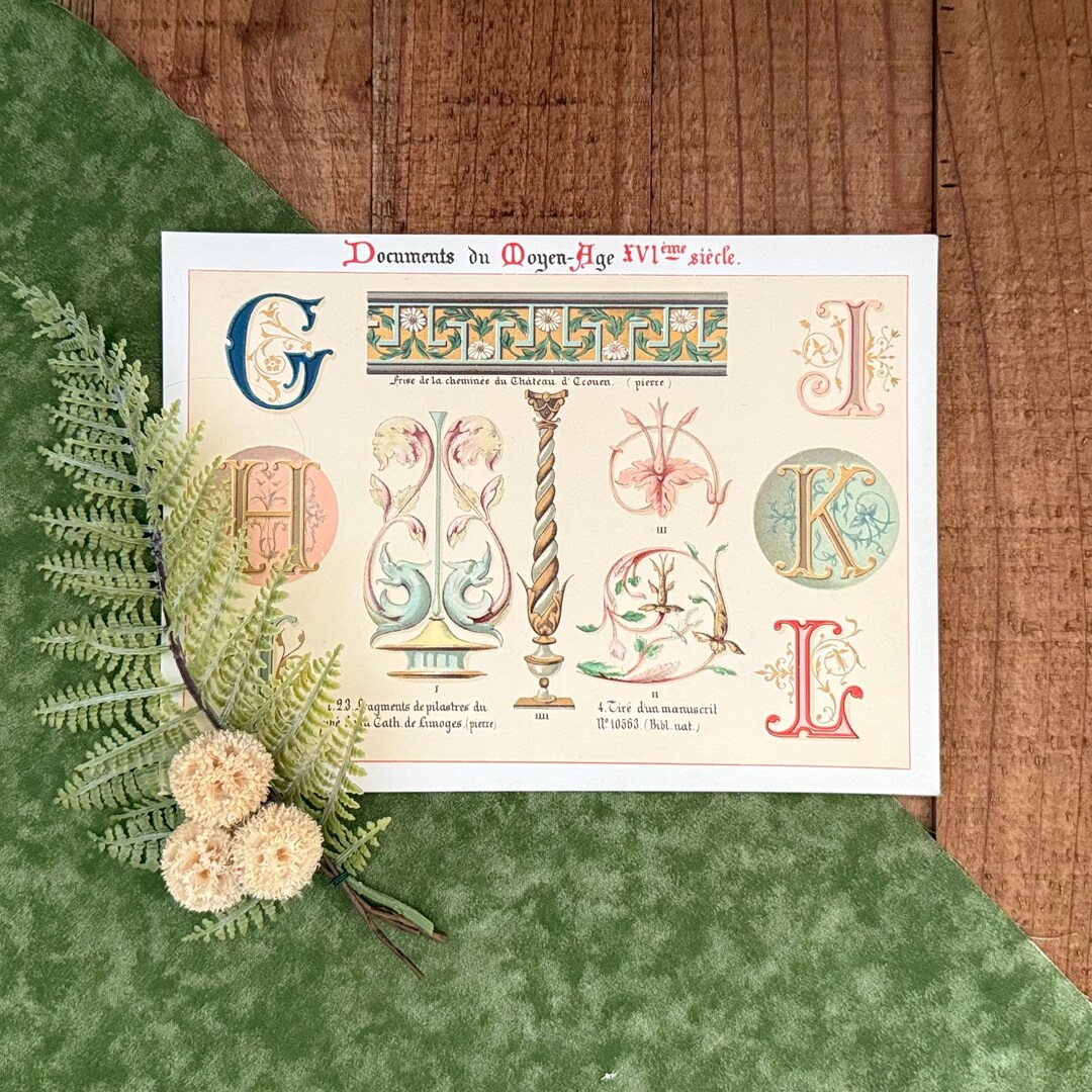 Antique French Script Letter Art Print: Initial G-L Lithograph - Etsy
