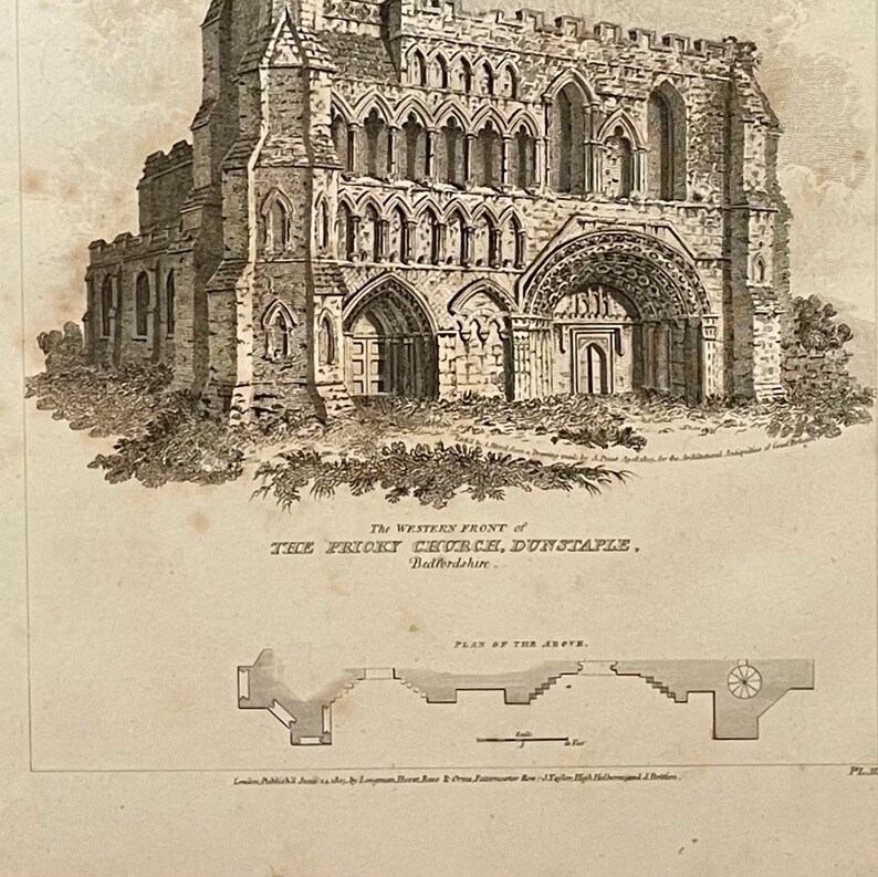 1807 Priory Church Dunstaple Architectural Drawing British Antiquities ...