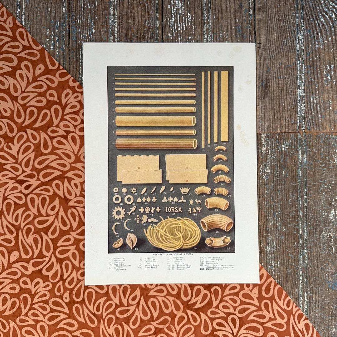 1911 Macaroni & Pasta Varieties Print! Gift for Foodie! Gourmet Kitchen ...