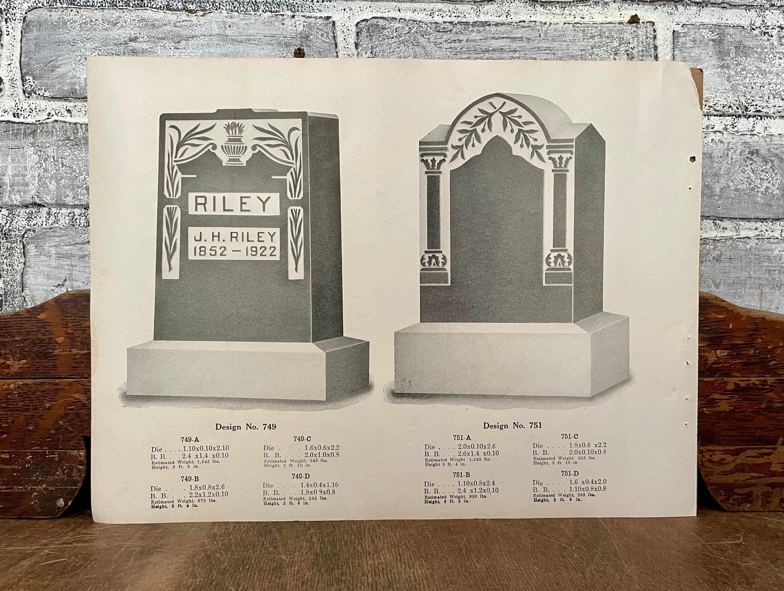 Headstone Advertising Catalog Sheet Framable Gravestone Ephemera ...