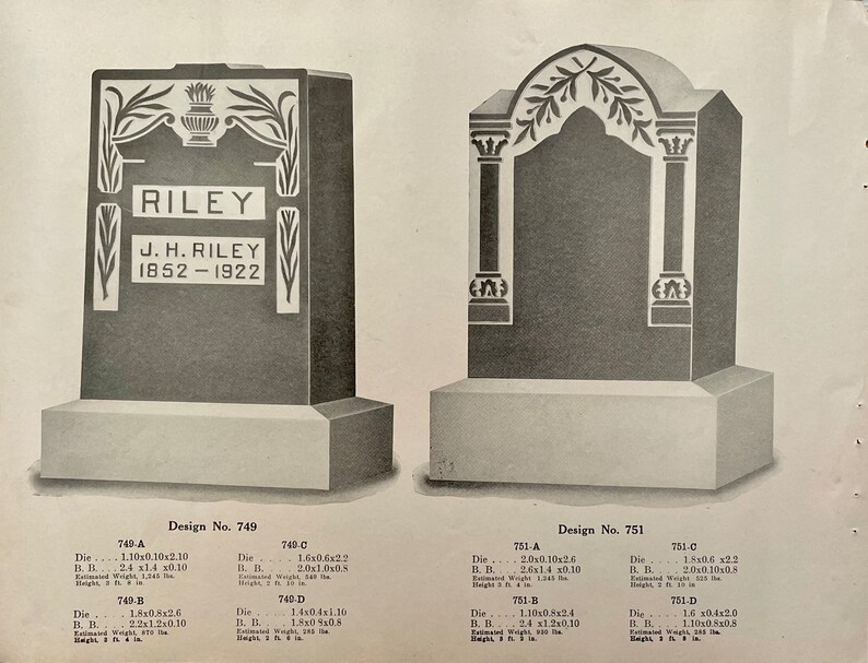 Headstone Advertising Catalog Sheet Framable Gravestone Ephemera ...