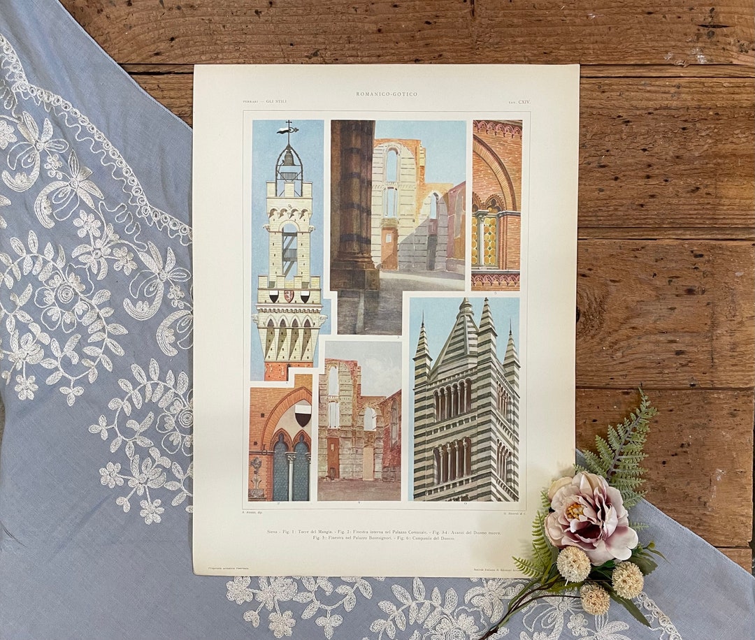 1925 Romanico Gothico Ornamental Architecture Drawing Print! Framable ...