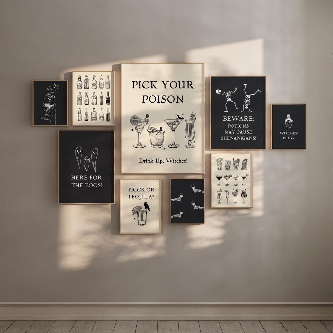 Halloween Bar Cart Set of 9, Bar Cart Art Prints, Halloween Kitchen Art ...