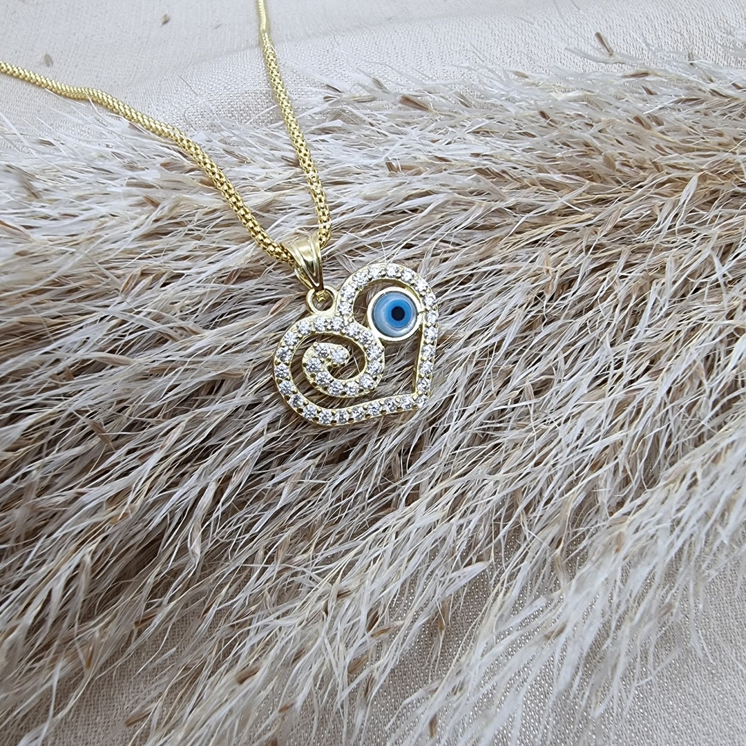 Blingoz Heart Evil Eye Necklace, 18K Gold Chain Heart Pendant, Hamza ...