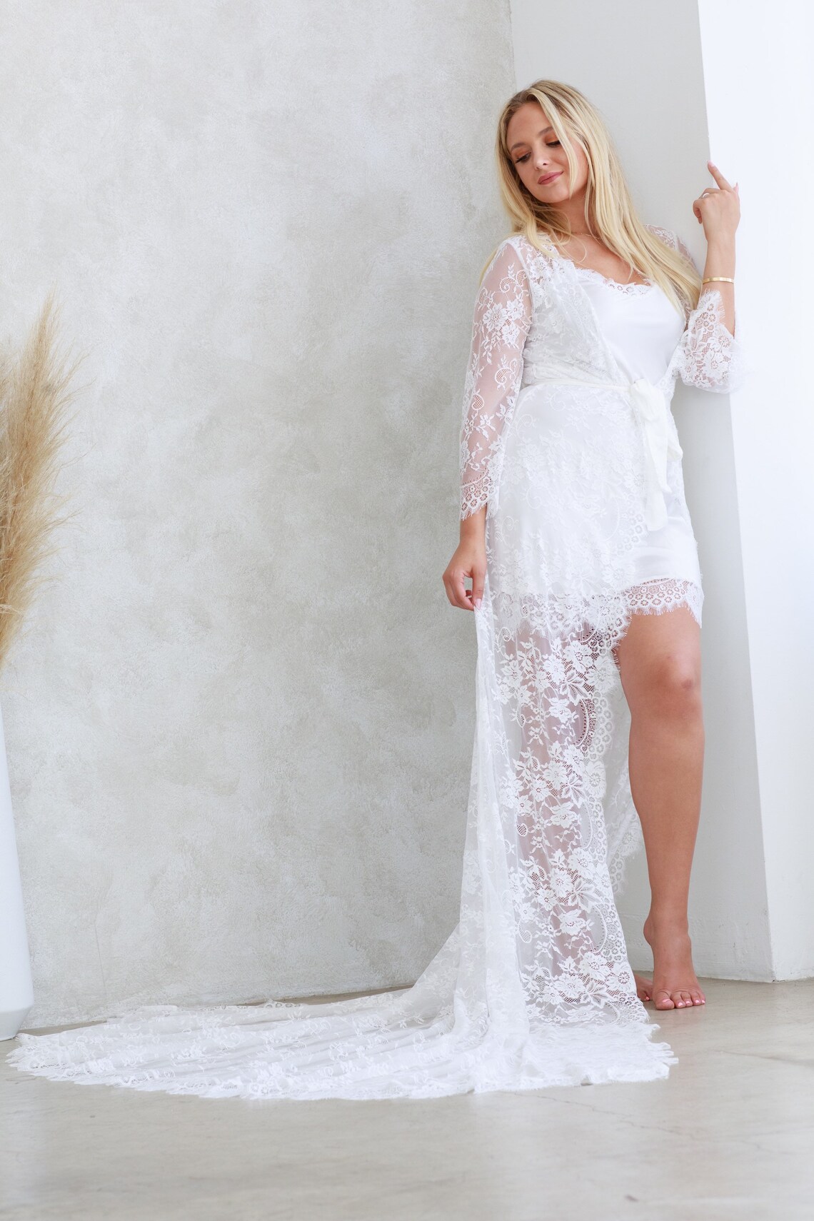 Bridal Lace Robe Maxi Long Robe for Bride White Robe With - Etsy