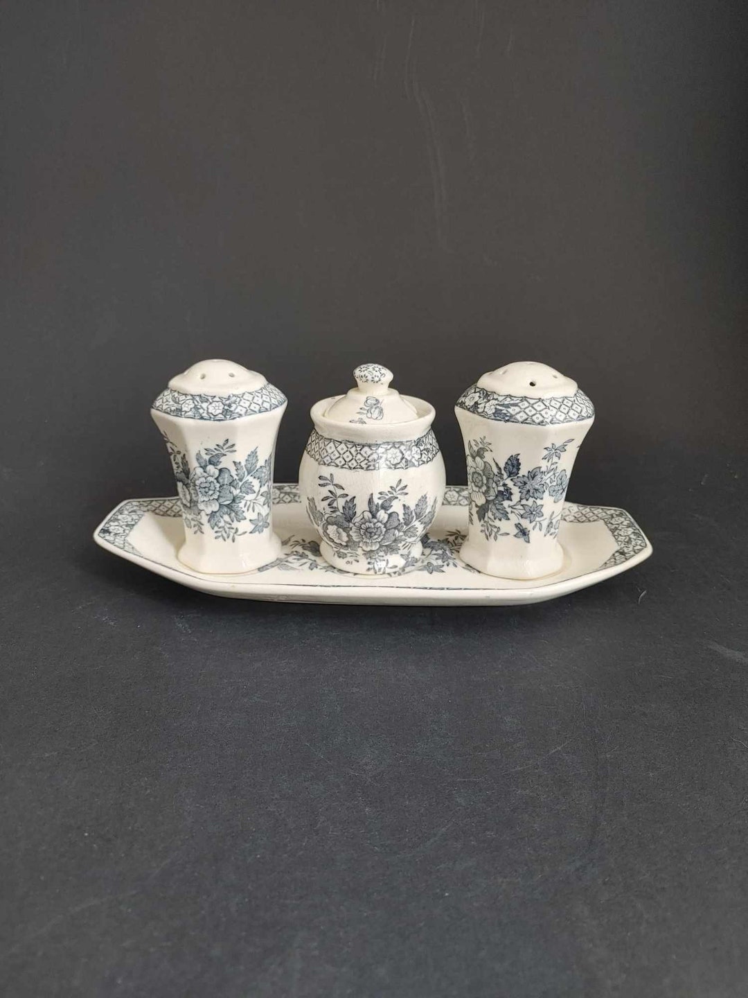 Mason's Stratford Blue Condiment Set Salt Pepper Shakers Mustard Jar ...