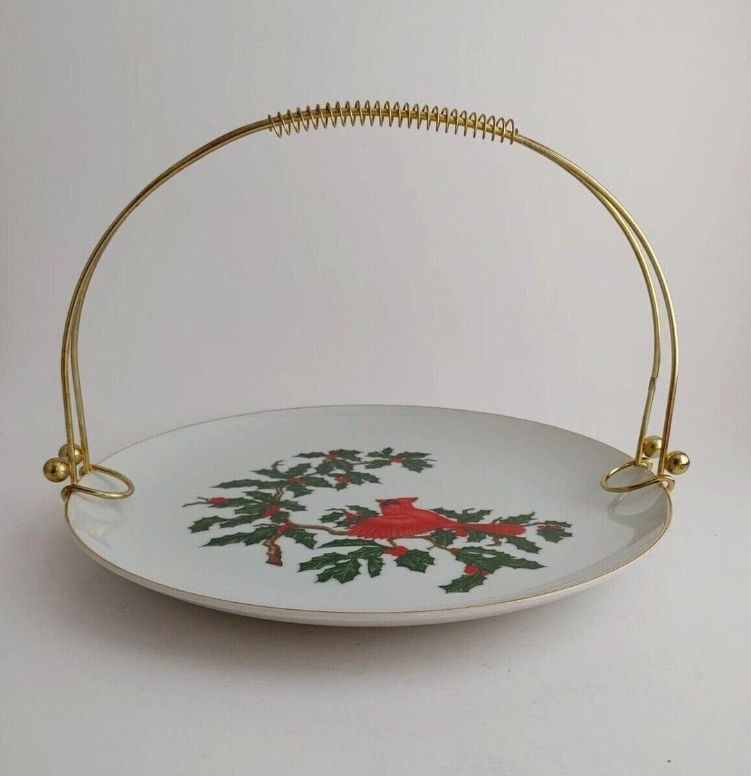 Vintage Lefton China Cardinal Serving Plate Removable Brass Handle ...