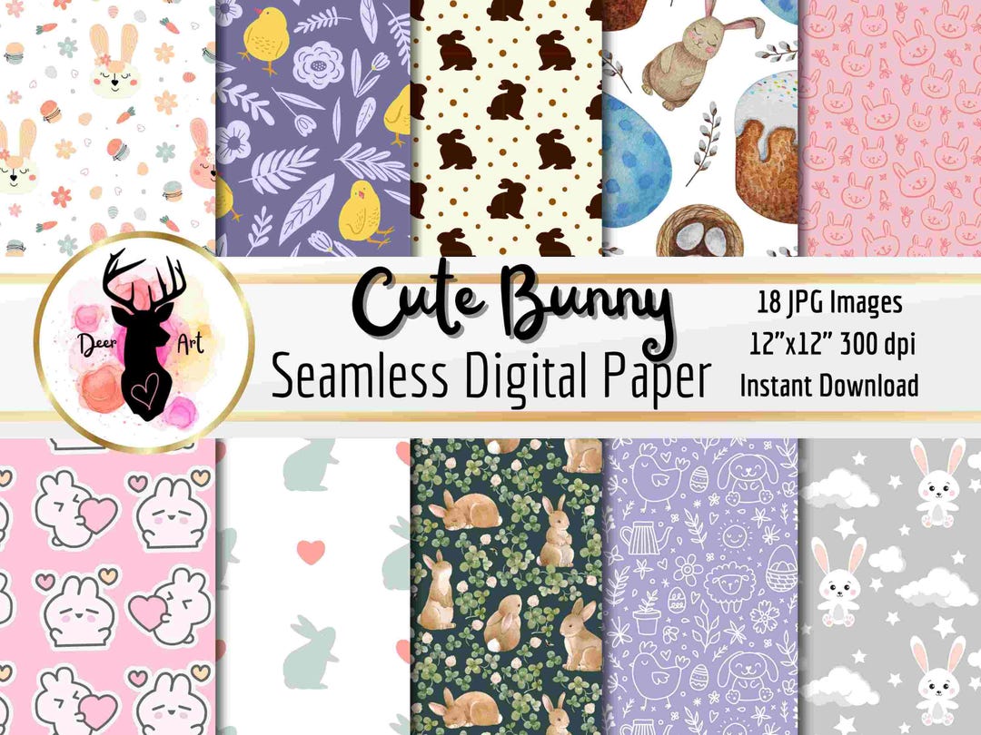 Seamless Cute Bunny Digital Paper - Easter Bunny, Baby Shower, Cute ...
