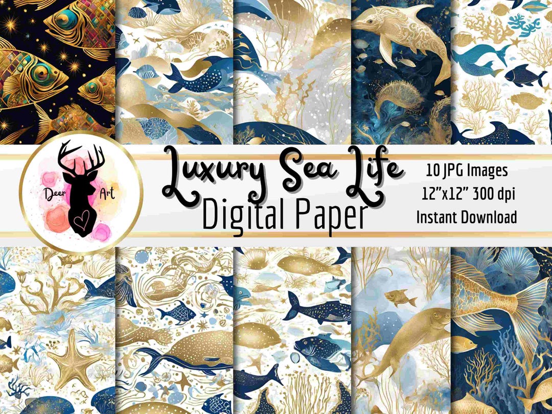 Luxury Sea Life Digital Paper - Gold & Blue Fish Metallic Foil Texture ...