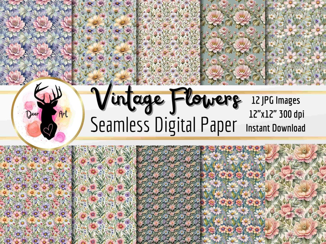 Seamless Vintage Floral Digital Paper - Shabby Chic Retro Flower ...