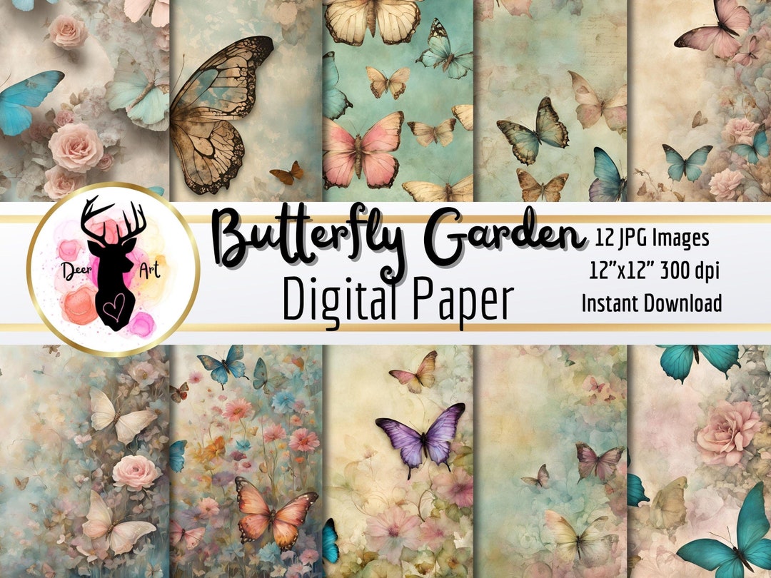 Butterfly Garden Digital Paper - Vintage Floral Butterfly Aesthetic ...
