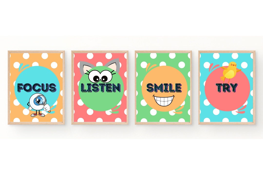 Focus, Listen, Try, Smile! Digital Posters for Classroom - Etsy