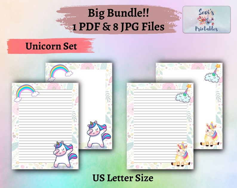 Unique Unicorn Printable Stationary Set, Big Bundle, US Letter Size ...