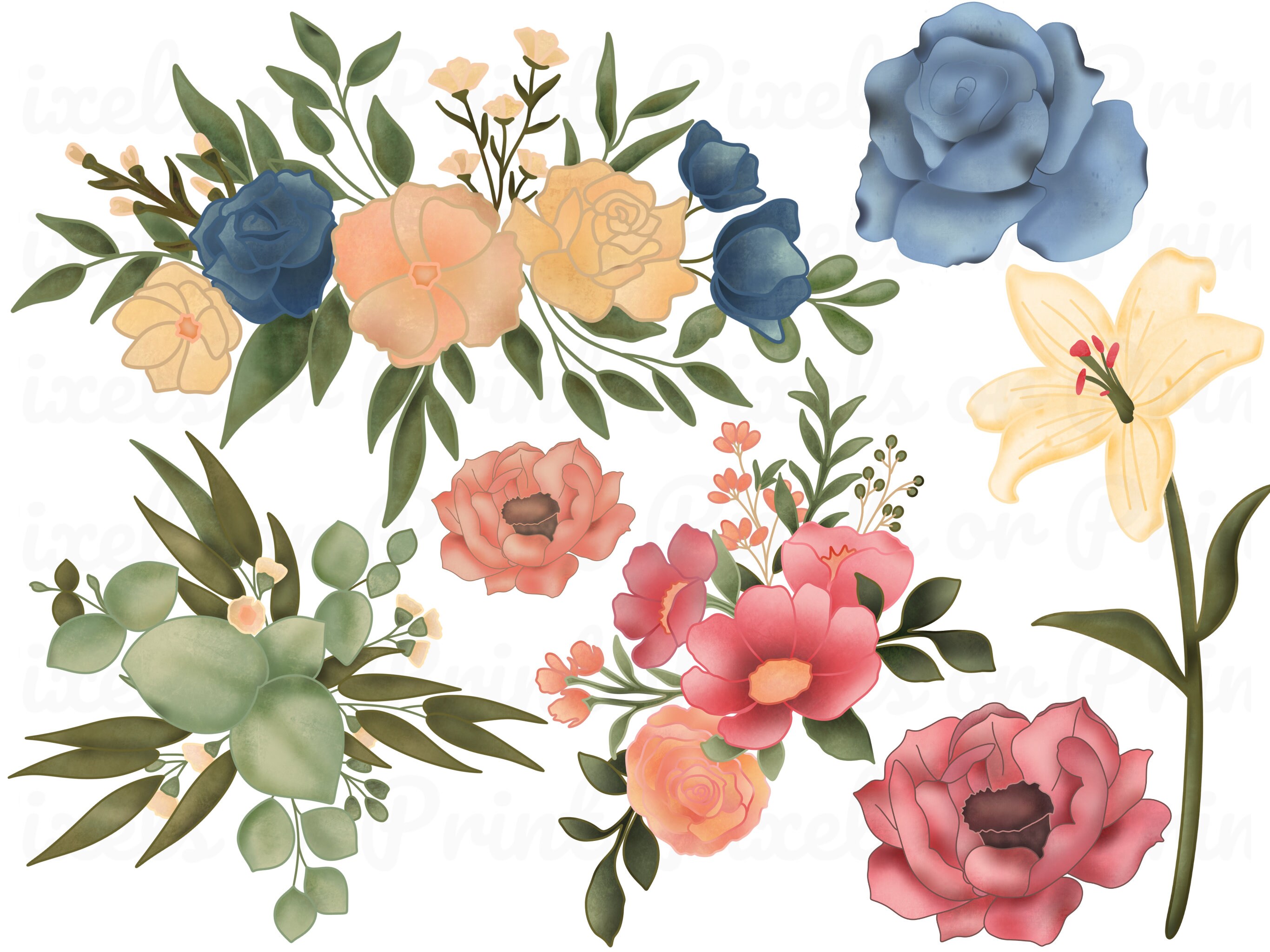 Watercolour Vintage Floral Clipart, Flower PNG, Flower Clipart, Vintage ...