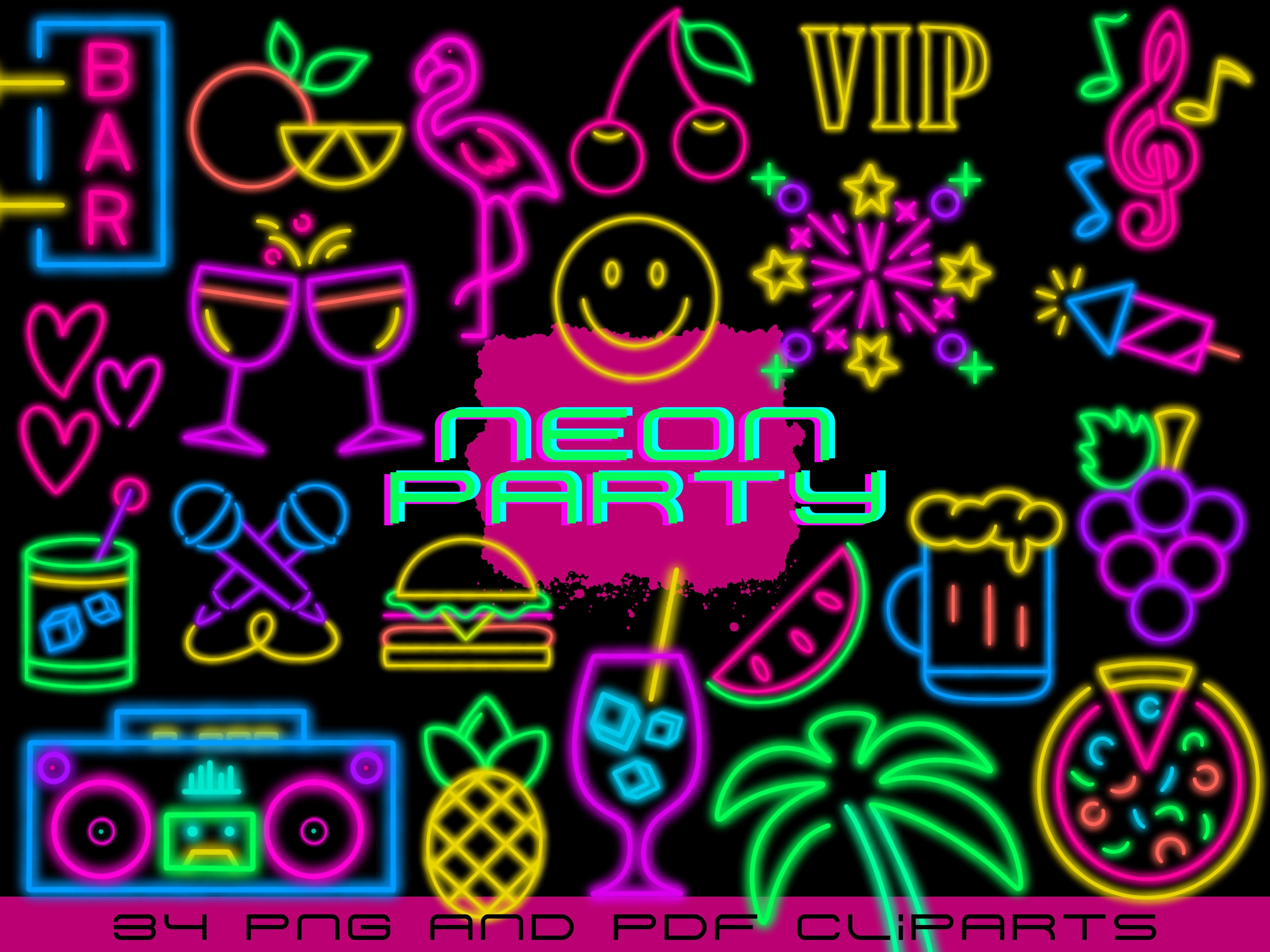 Neon Party Clipart, Retro Gaming Clipart, Party Download, Neon Lights ...