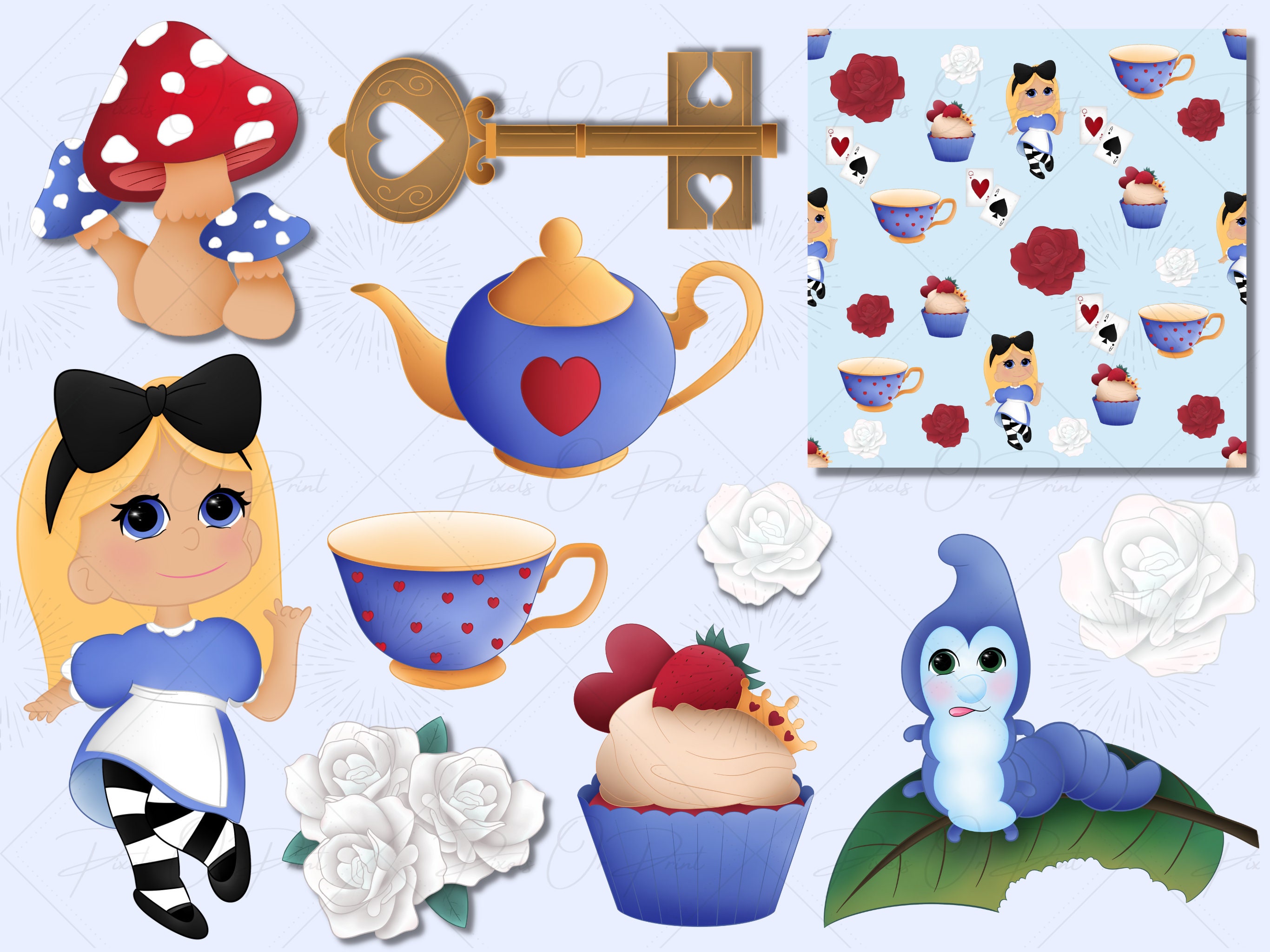 Watercolour Alice Clipart, Alices Tea Party PNG, Alice in Wonderland ...